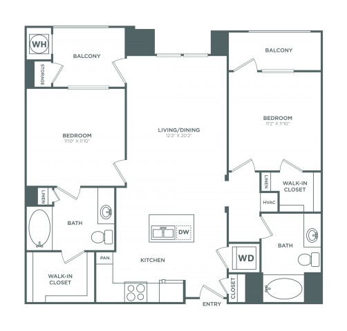 1070 sq Ft. 2 BD / 2 BA